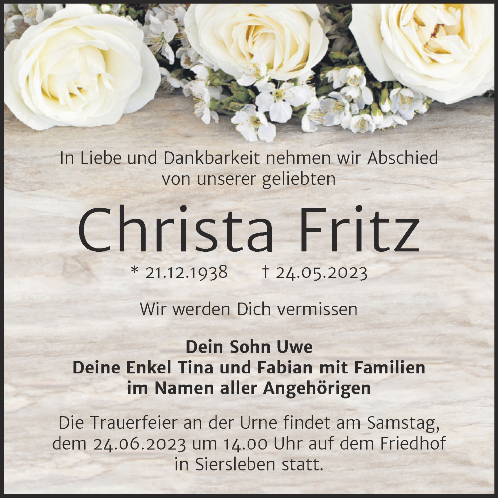 Traueranzeigen von Christa Fritz | www.abschied-nehmen.de