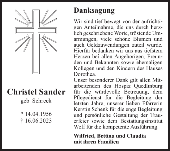 Traueranzeigen von Christel Sander | www.abschied-nehmen.de