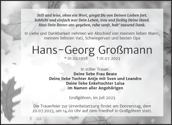 Traueranzeigen von Hans-Georg Großmann | www.abschied-nehmen.de
