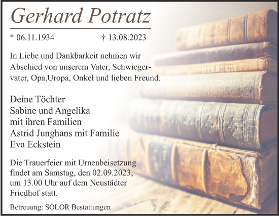 Traueranzeigen von Gerhard Potratz | www.abschied-nehmen.de