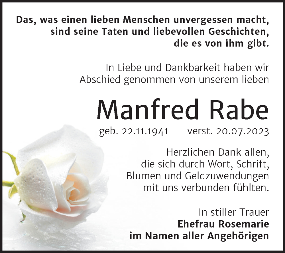 Traueranzeigen von Manfred Rabe | www.abschied-nehmen.de