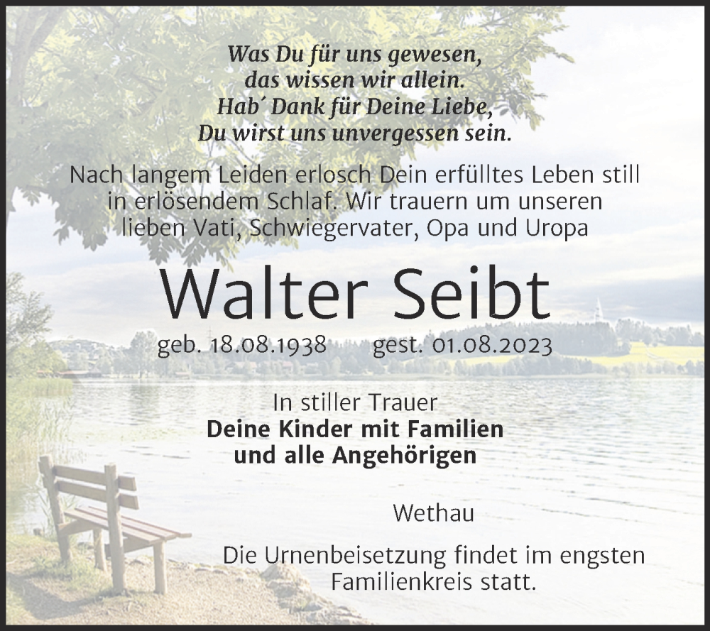 Traueranzeigen von Walter Seibt | www.abschied-nehmen.de