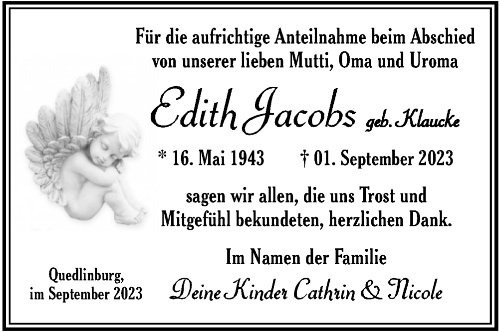 Traueranzeigen von Edith Jacobs | www.abschied-nehmen.de