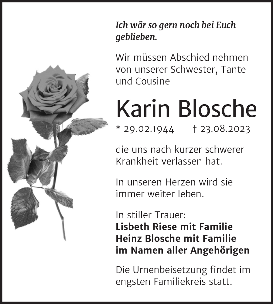 Traueranzeigen von Karin Blosche | www.abschied-nehmen.de