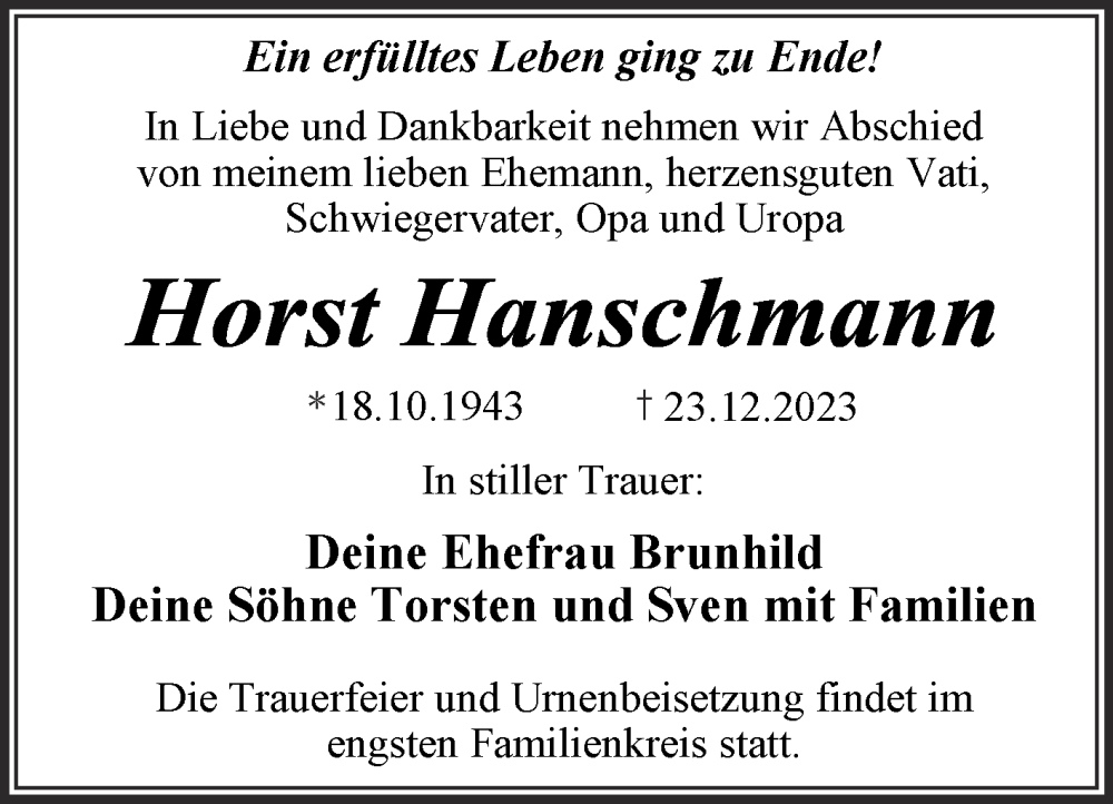 Traueranzeigen von Horst Hanschmann | www.abschied-nehmen.de