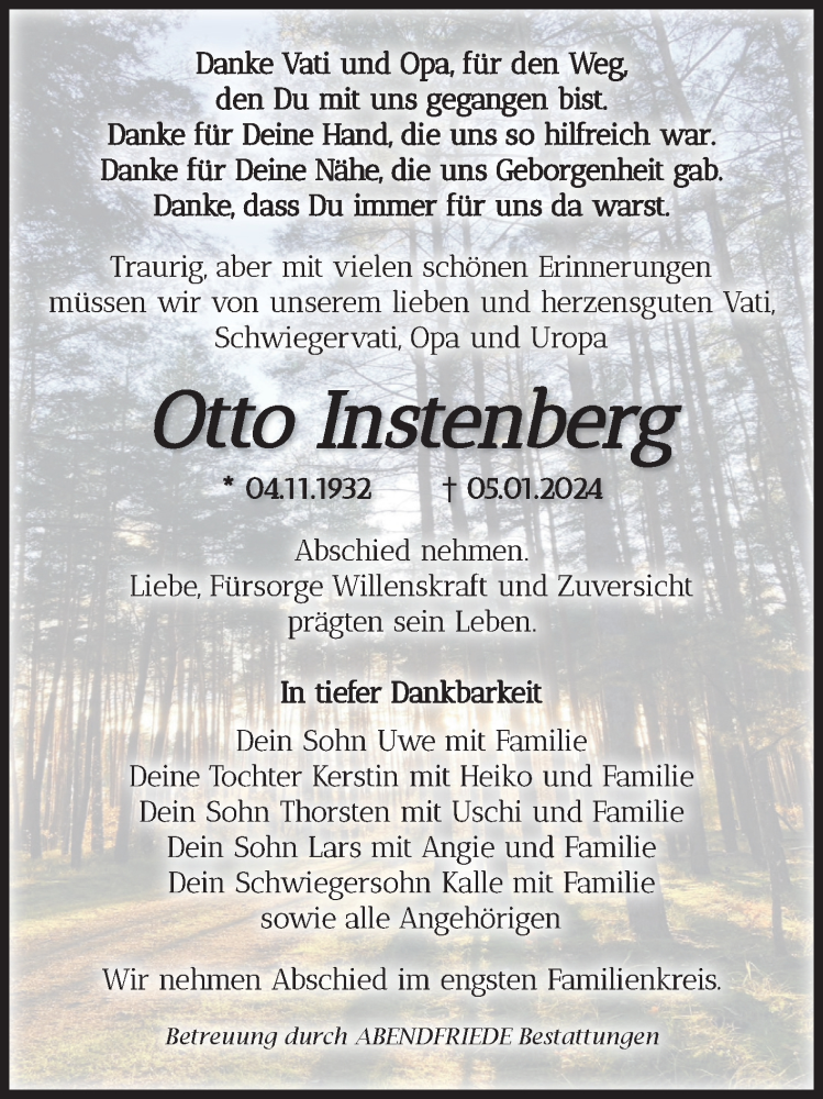 Traueranzeigen von Otto Instenberg | www.abschied-nehmen.de