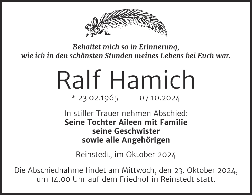 Traueranzeigen von Ralf Hamich | www.abschied-nehmen.de