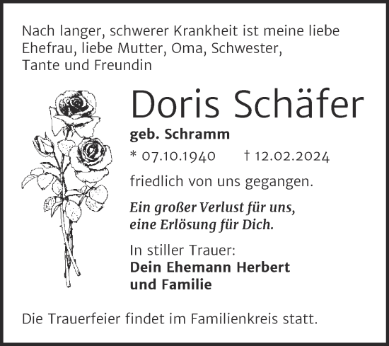 Traueranzeigen von Doris Schäfer | www.abschied-nehmen.de