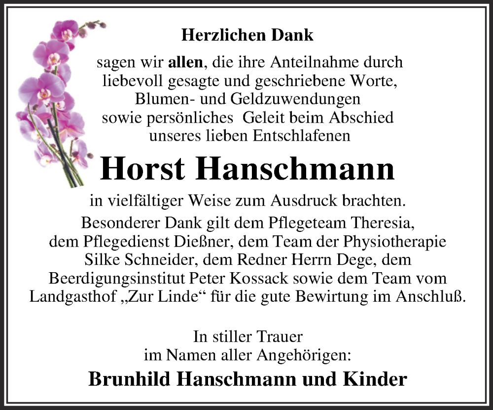 Traueranzeigen von Horst Hanschmann | www.abschied-nehmen.de
