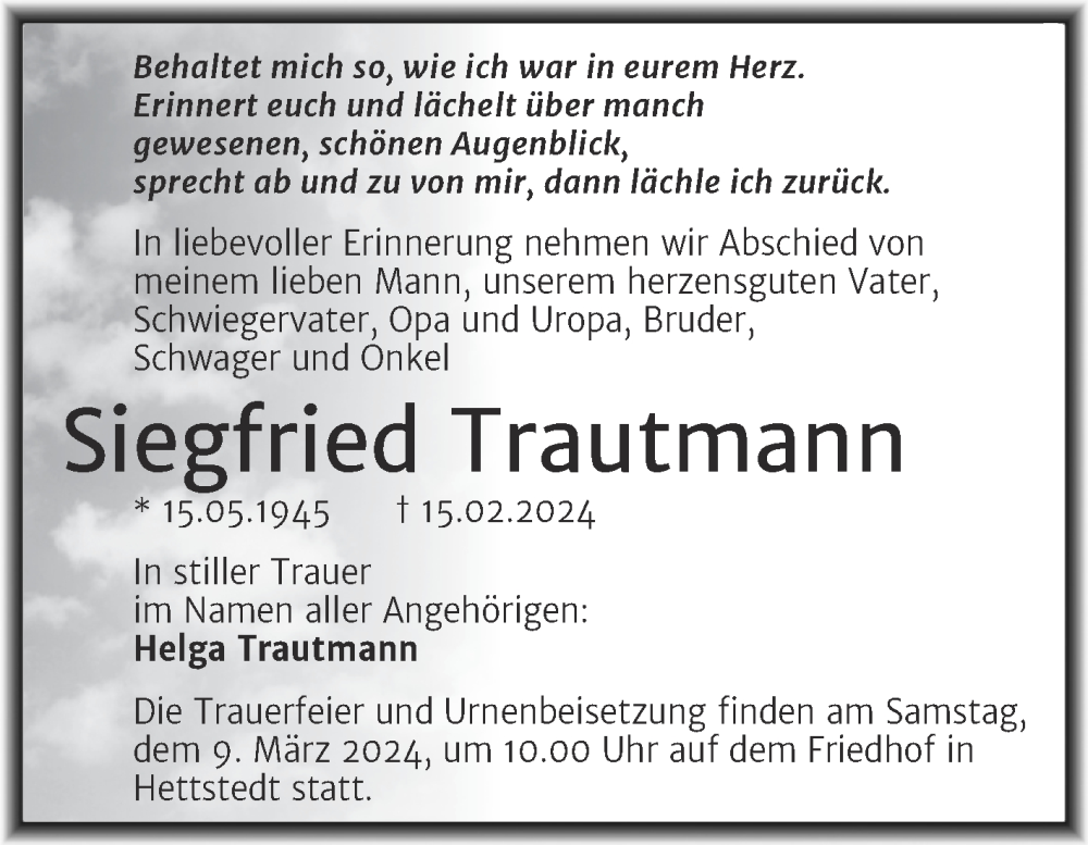 Traueranzeigen von Siegfried Trautmann | www.abschied-nehmen.de