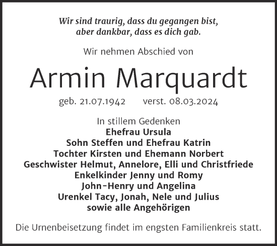 Traueranzeigen von Armin Marquardt | www.abschied-nehmen.de Traueranzeigen von Armin Marquardt | www.abschied-nehmen.de