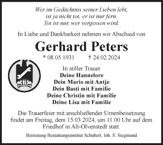 Traueranzeigen von Gerhard Peters | www.abschied-nehmen.de