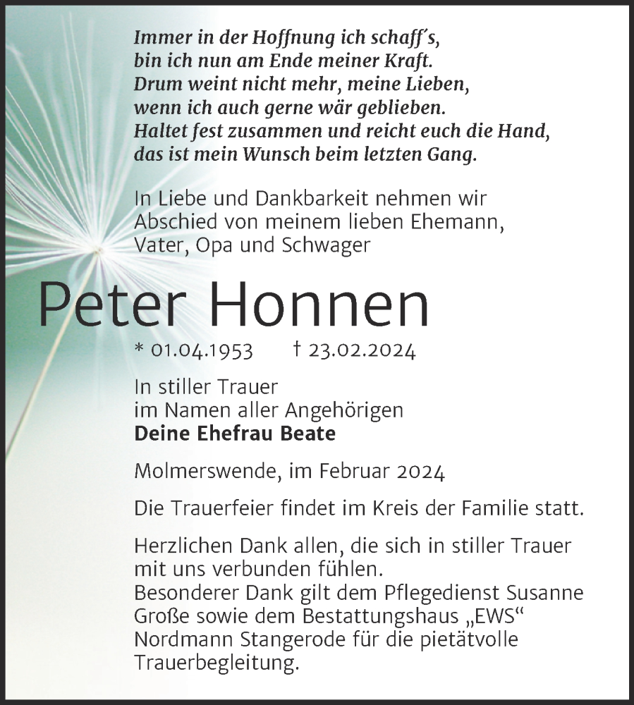 Traueranzeigen von Peter Honnen | www.abschied-nehmen.de