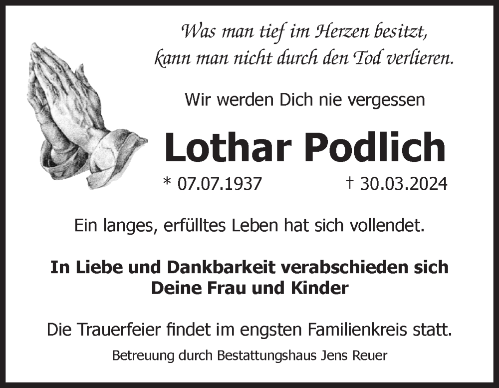 Traueranzeigen von Lothar Podlich | www.abschied-nehmen.de
