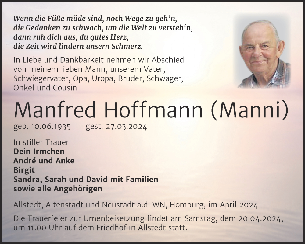 Traueranzeigen von Manfred Hoffmann | www.abschied-nehmen.de