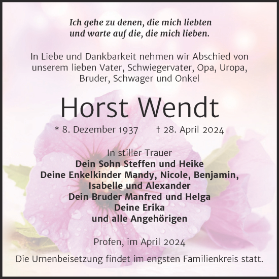 Traueranzeigen von Horst Wendt | www.abschied-nehmen.de