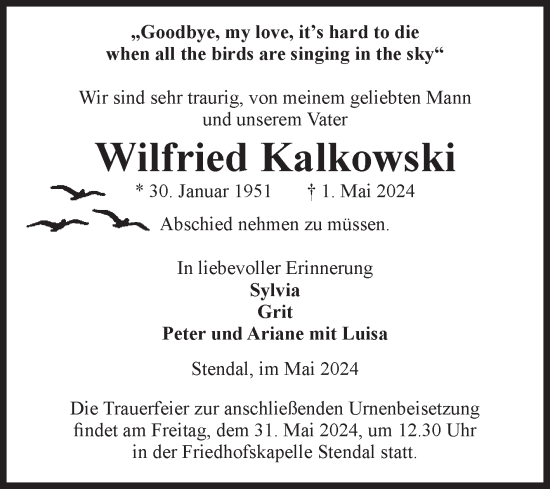 Traueranzeigen von Wilfried Kalkowski | www.abschied-nehmen.de