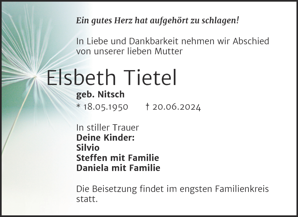 Traueranzeigen von Elsbeth Tietel | www.abschied-nehmen.de