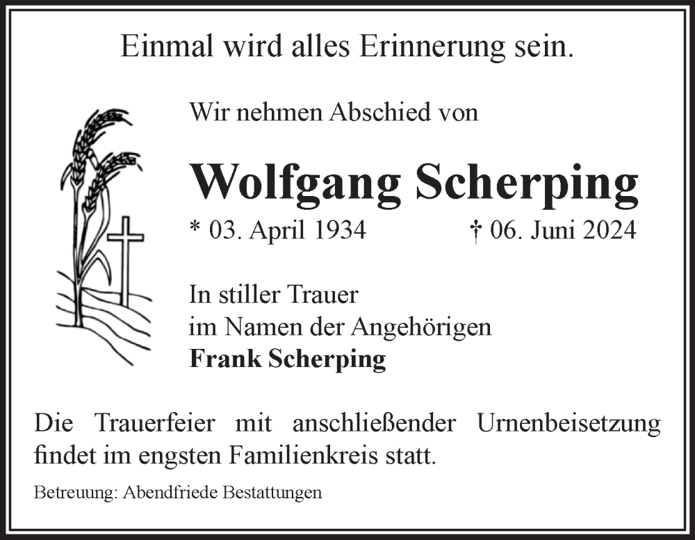 Traueranzeigen von Wolfgang Scherping | www.abschied-nehmen.de