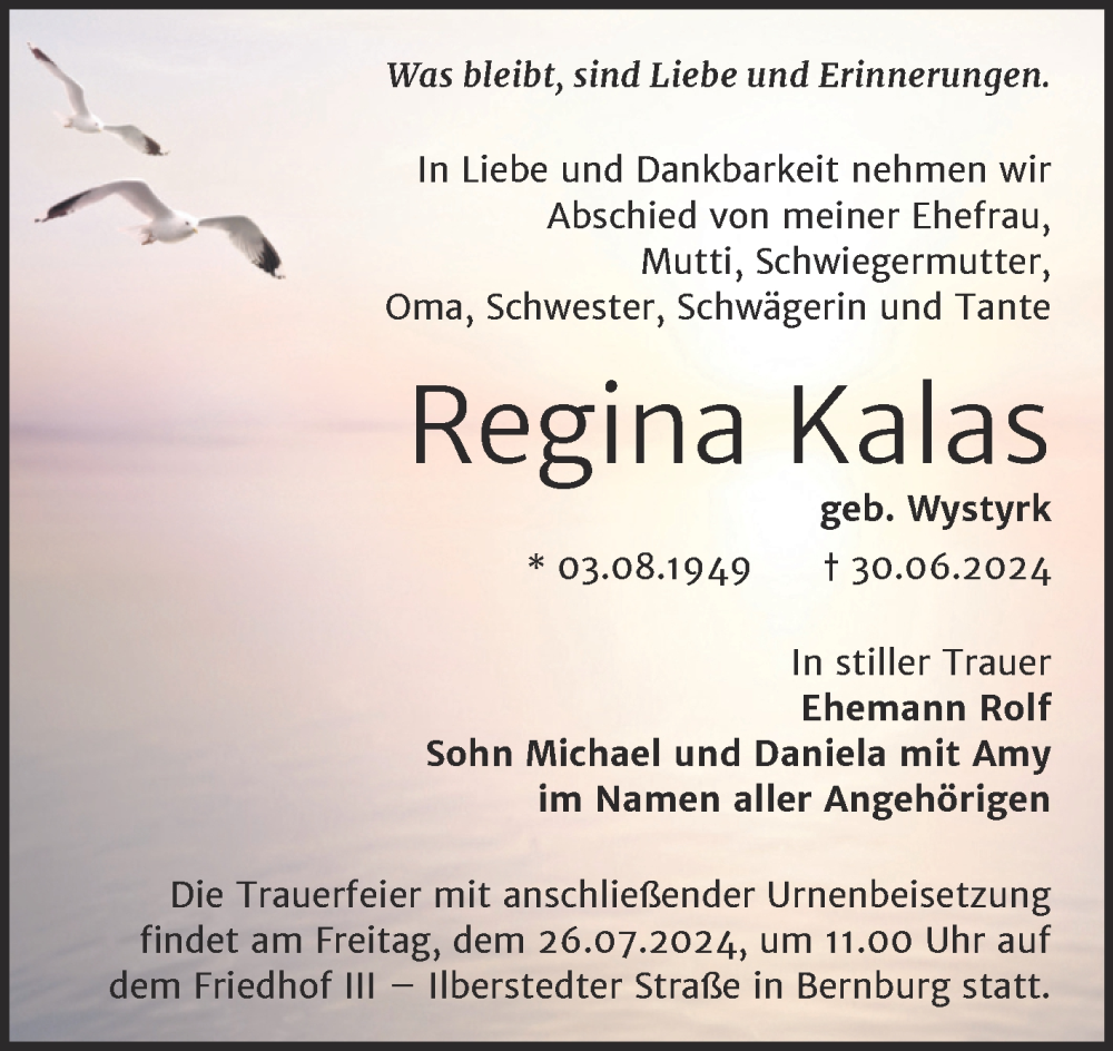 Traueranzeigen von Regina Kalas | www.abschied-nehmen.de