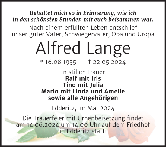 Traueranzeigen von Alfred Lange | www.abschied-nehmen.de