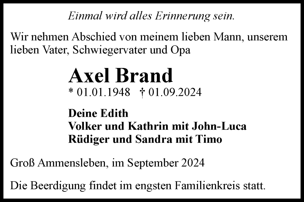 Traueranzeigen von Axel Brand | www.abschied-nehmen.de