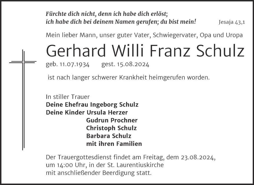 Traueranzeigen von Gerhard Willi Franz Schulz | www.abschied-nehmen.de