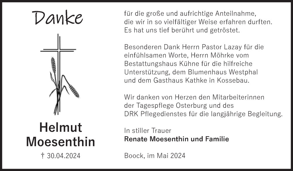 Traueranzeigen von Helmut Moesenthin | www.abschied-nehmen.de