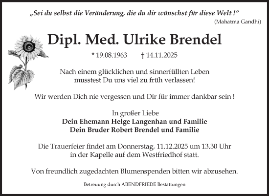 Traueranzeigen von Ulrike Brendel | www.abschied-nehmen.de