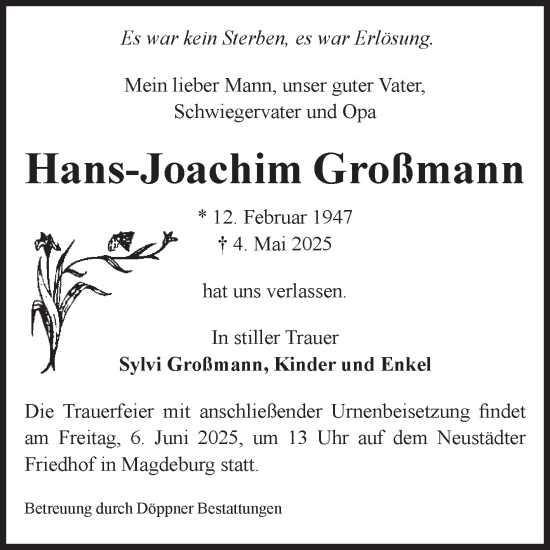Traueranzeigen von Hans-Joachim Großmann | www.abschied-nehmen.de