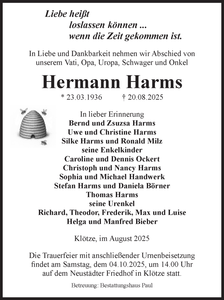 Traueranzeigen von Hermann Harms | www.abschied-nehmen.de